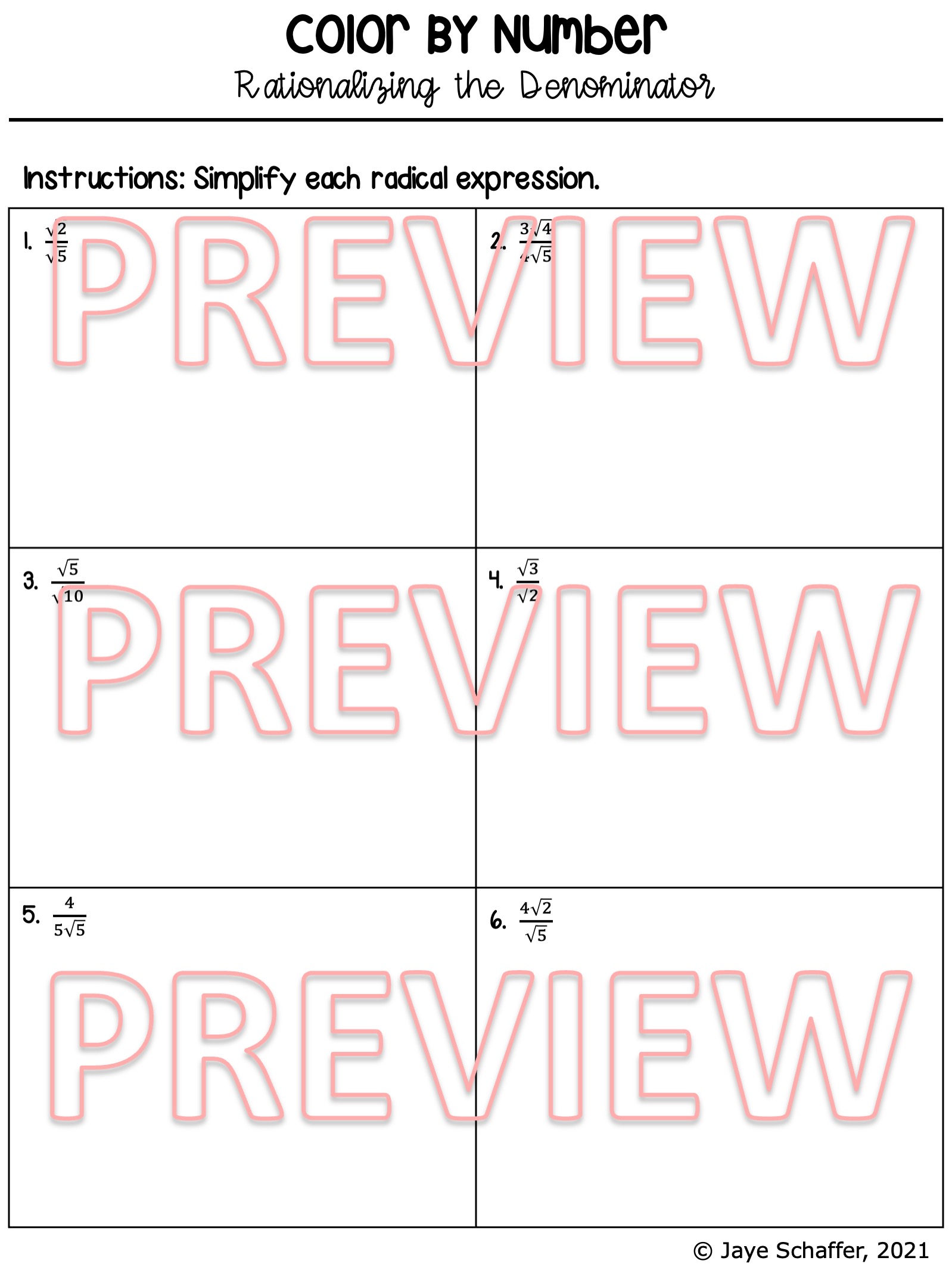 Rationalizing the Denominator Coloring Activity | Made By Teachers