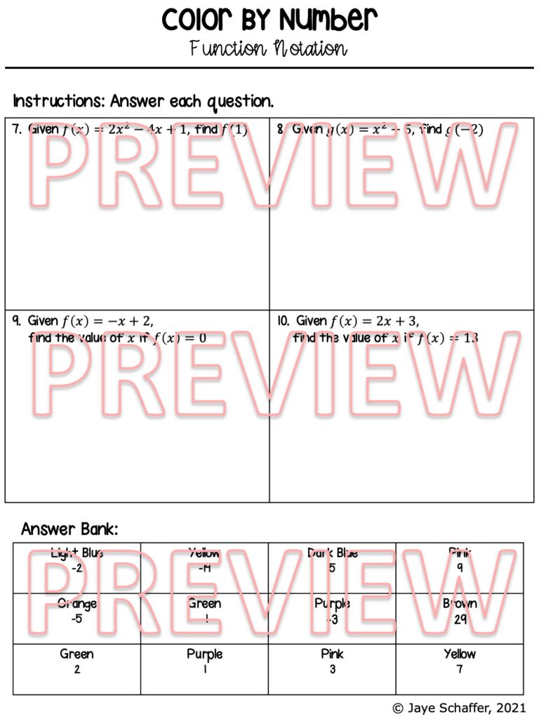 Evaluating in Function Notation Coloring Activity | Made By Teachers