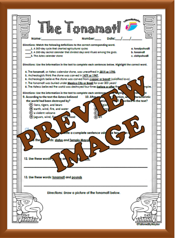 Aztec Life: Informational Text Worksheet (The Tonamatl) | Made By Teachers