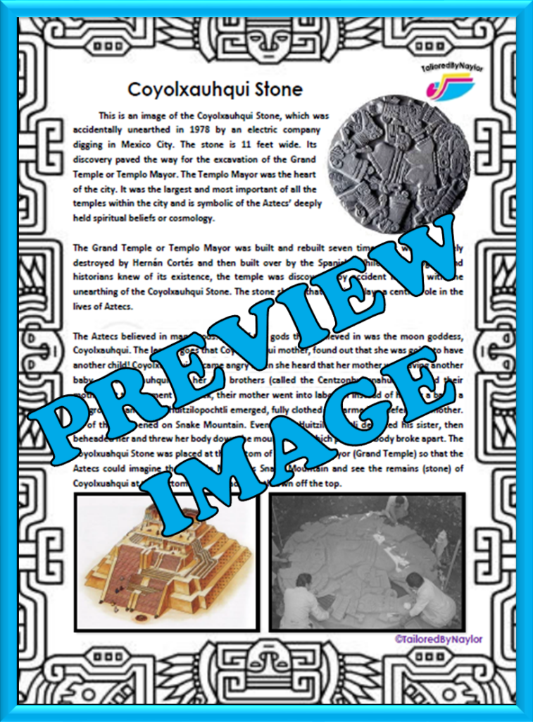 Aztec Life: Informational Text Worksheet (The Coyolxuahqui Stone ...
