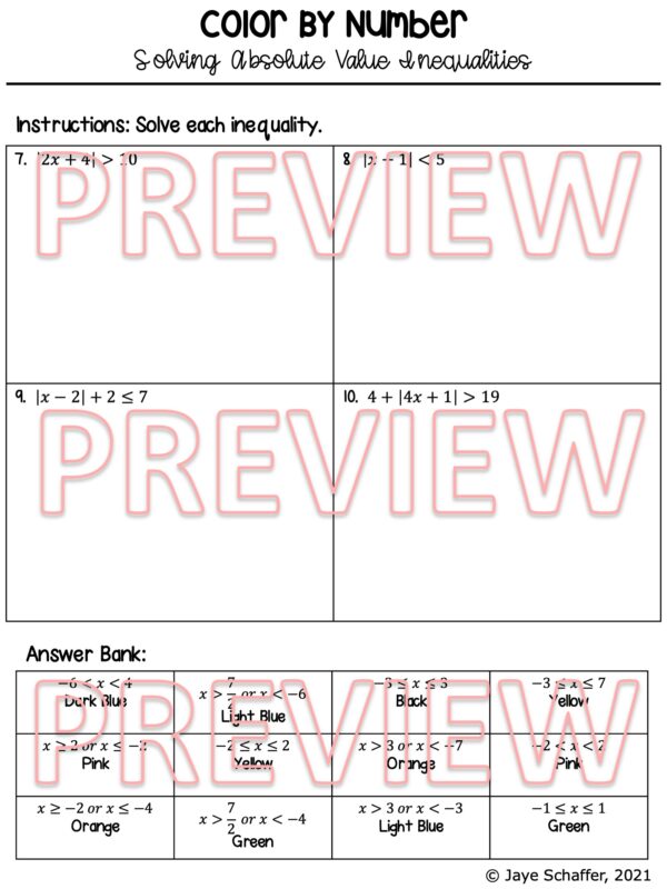 Solving Absolute Value Inequalities Coloring Activity - Made By Teachers