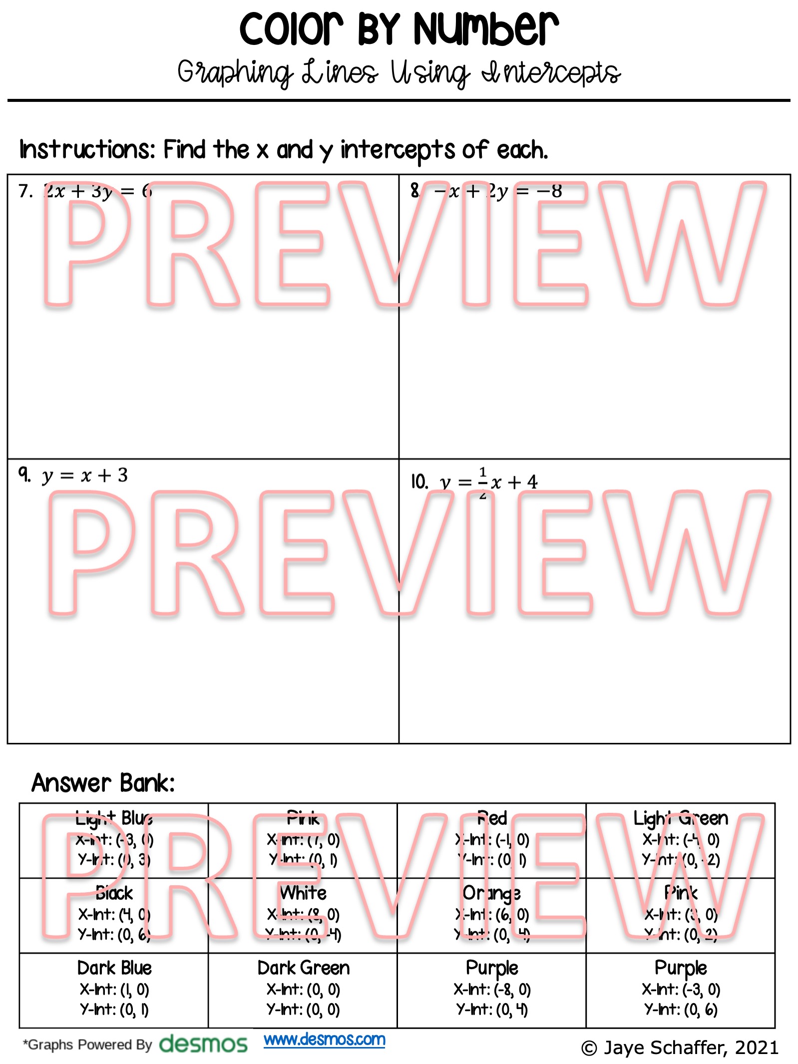 Finding X and Y Intercepts of Lines Coloring Activity | Made By Teachers