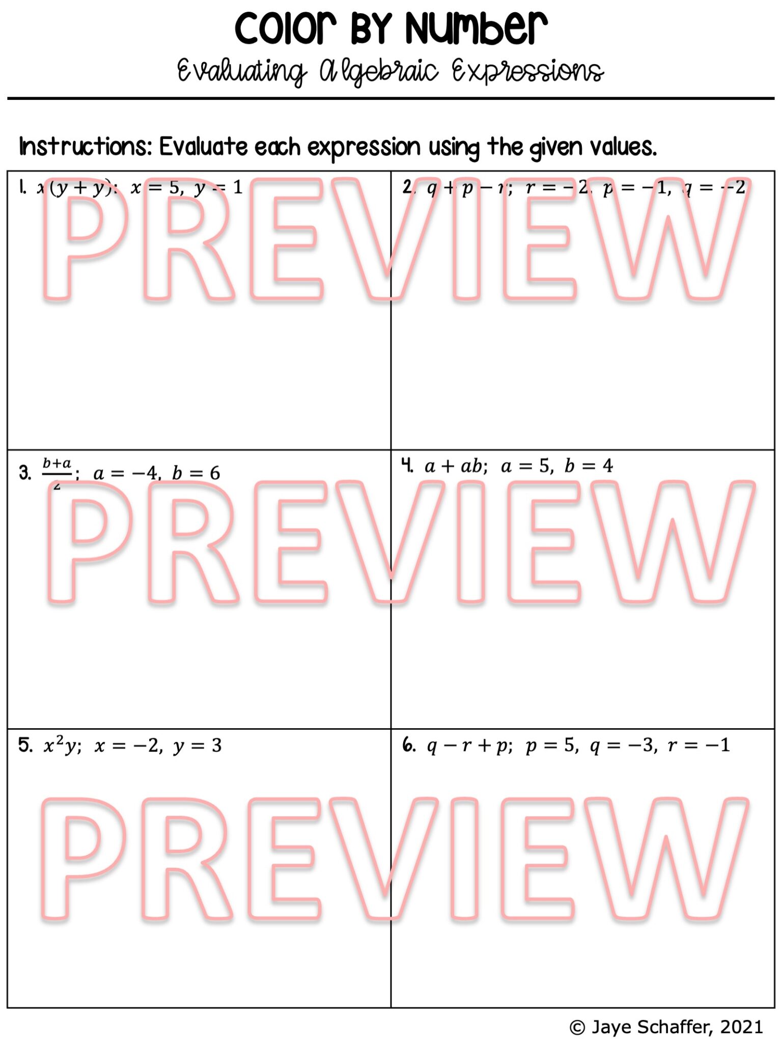 Evaluating Algebraic Expressions Coloring Activity | Made By Teachers