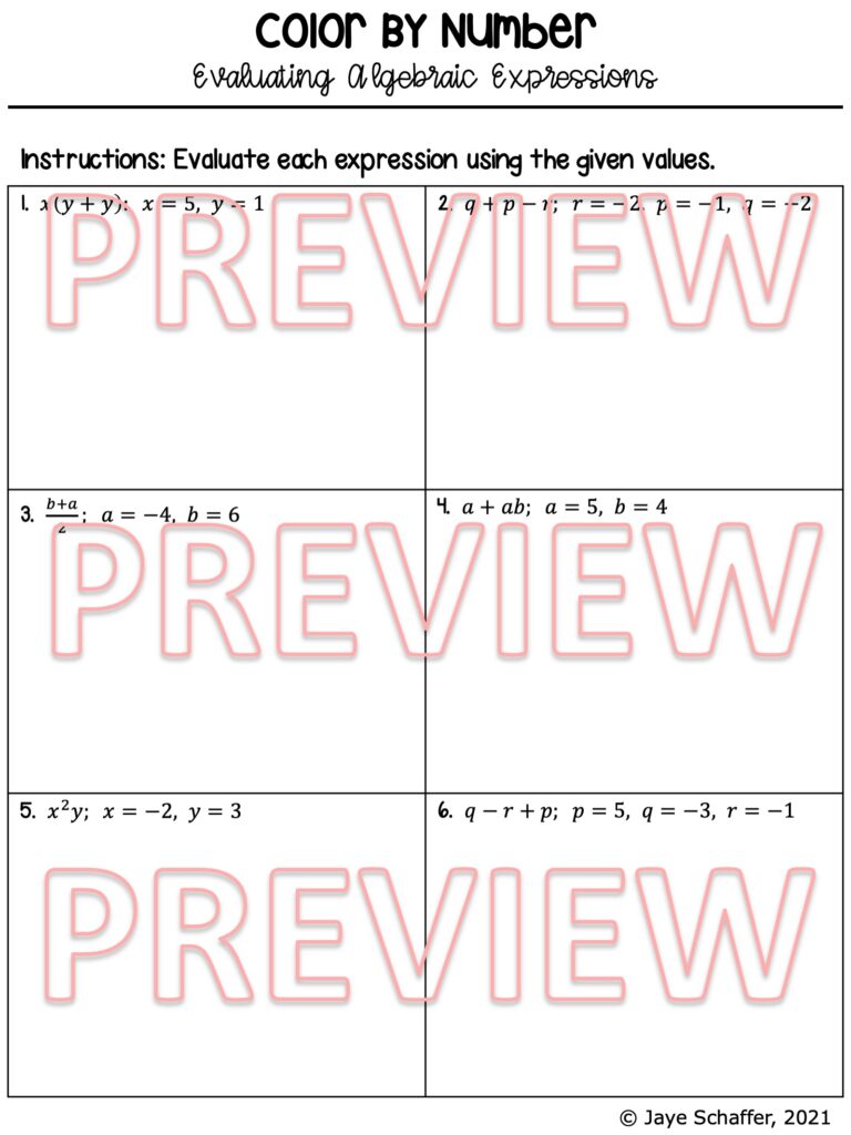 Evaluating Algebraic Expressions Coloring Activity | Made By Teachers