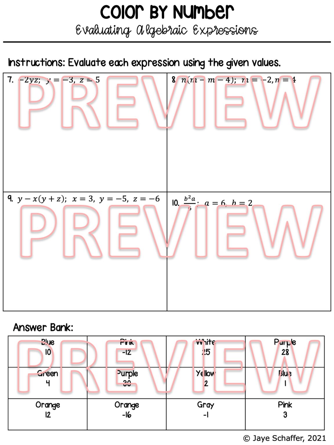 Evaluating Algebraic Expressions Coloring Activity | Made By Teachers