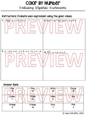 Evaluating Algebraic Expressions Coloring Activity | Made By Teachers