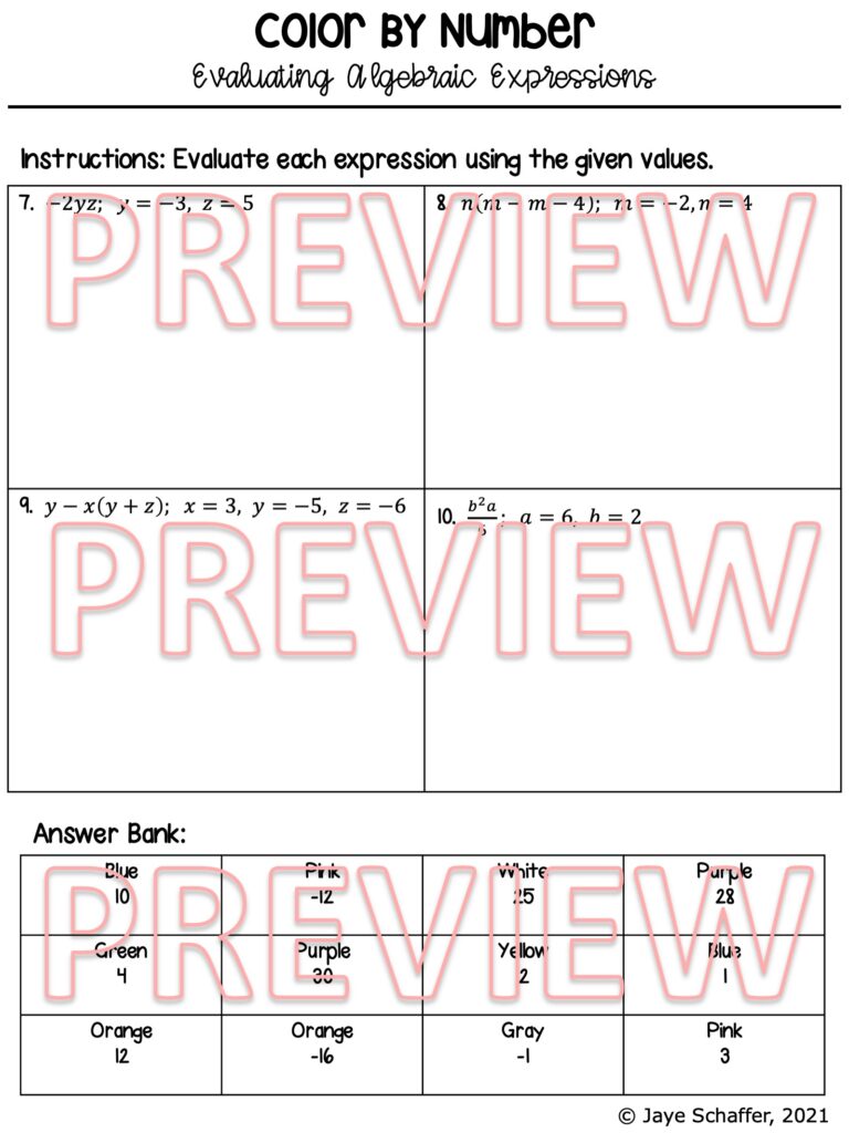Evaluating Algebraic Expressions Coloring Activity | Made By Teachers
