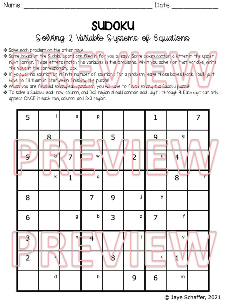 Solving Two Variable Systems Sudoku Puzzle | Made By Teachers