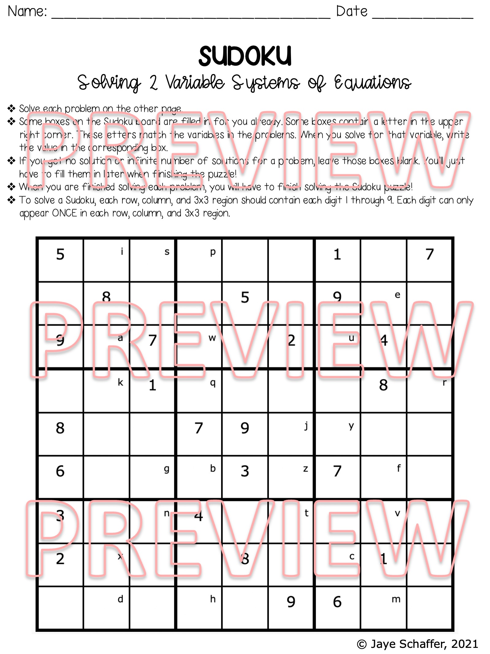 Solving Two Variable Systems Sudoku Puzzle Made By Teachers