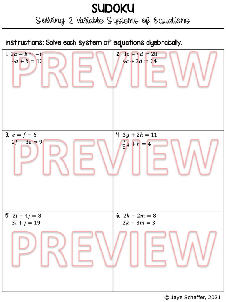 Solving Two Variable Systems Sudoku Puzzle | Made By Teachers