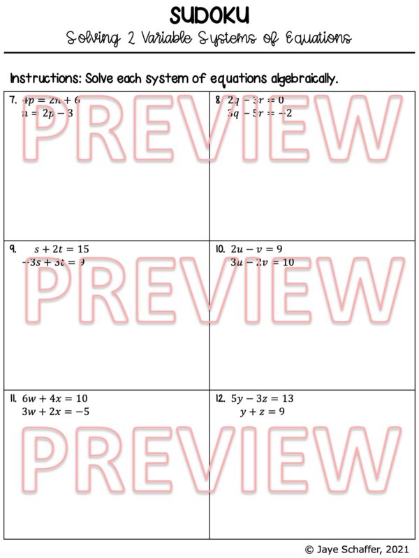 Solving Two Variable Systems Sudoku Puzzle | Made By Teachers