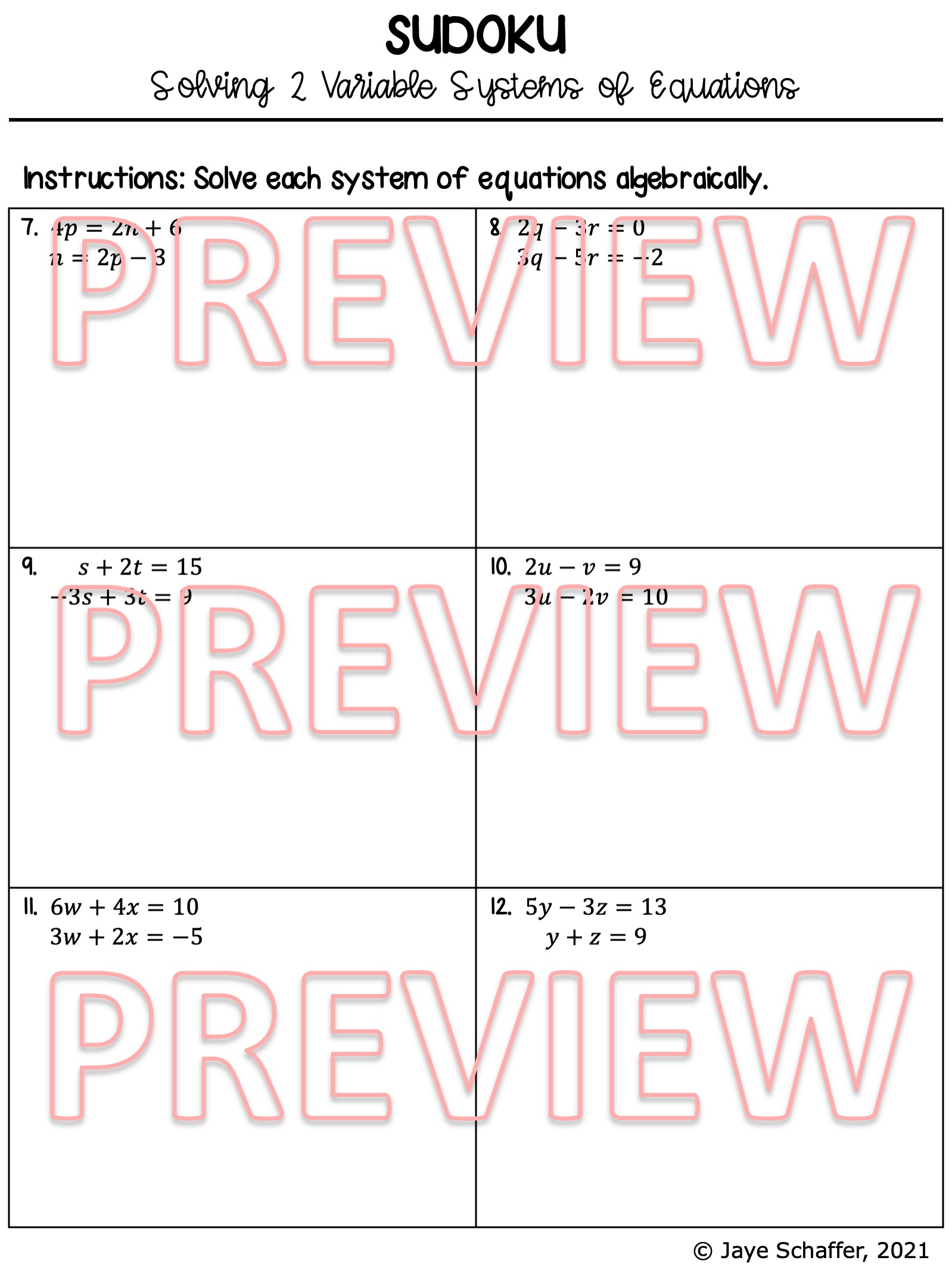 Solving Two Variable Systems Sudoku Puzzle | Made By Teachers