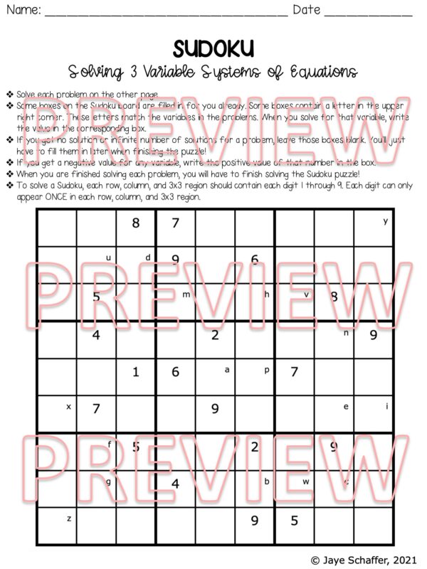 Solving Three Variable Systems Sudoku Puzzle | Made By Teachers