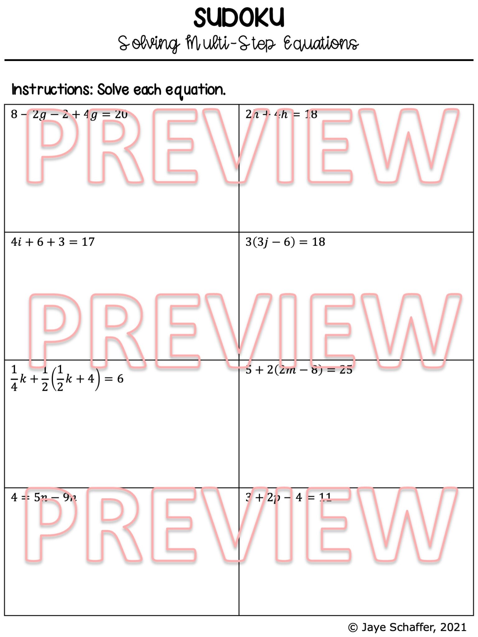 Solving Multi-Step Linear Equations Sudoku Puzzle - Made By Teachers