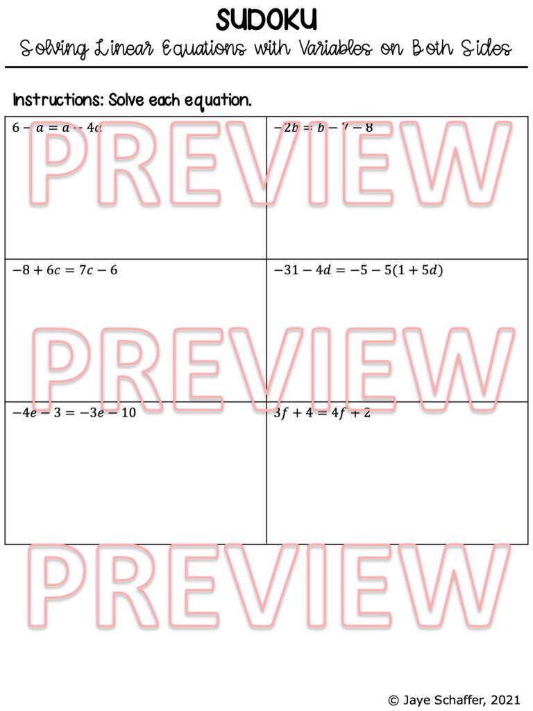 Solving Linear Equations with Variables on Both Sides Sudoku Puzzle ...