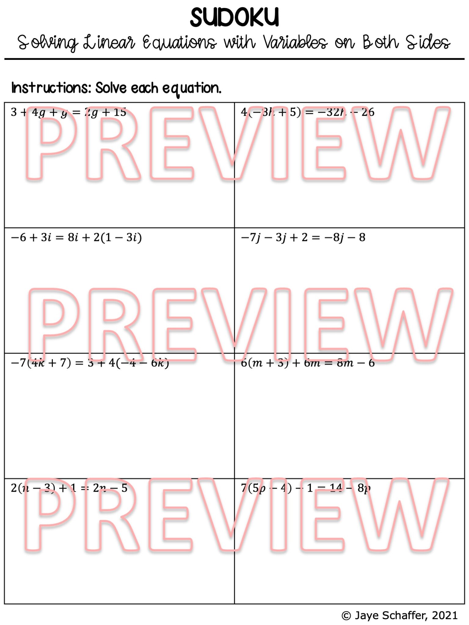 Solving Linear Equations with Variables on Both Sides Sudoku Puzzle ...