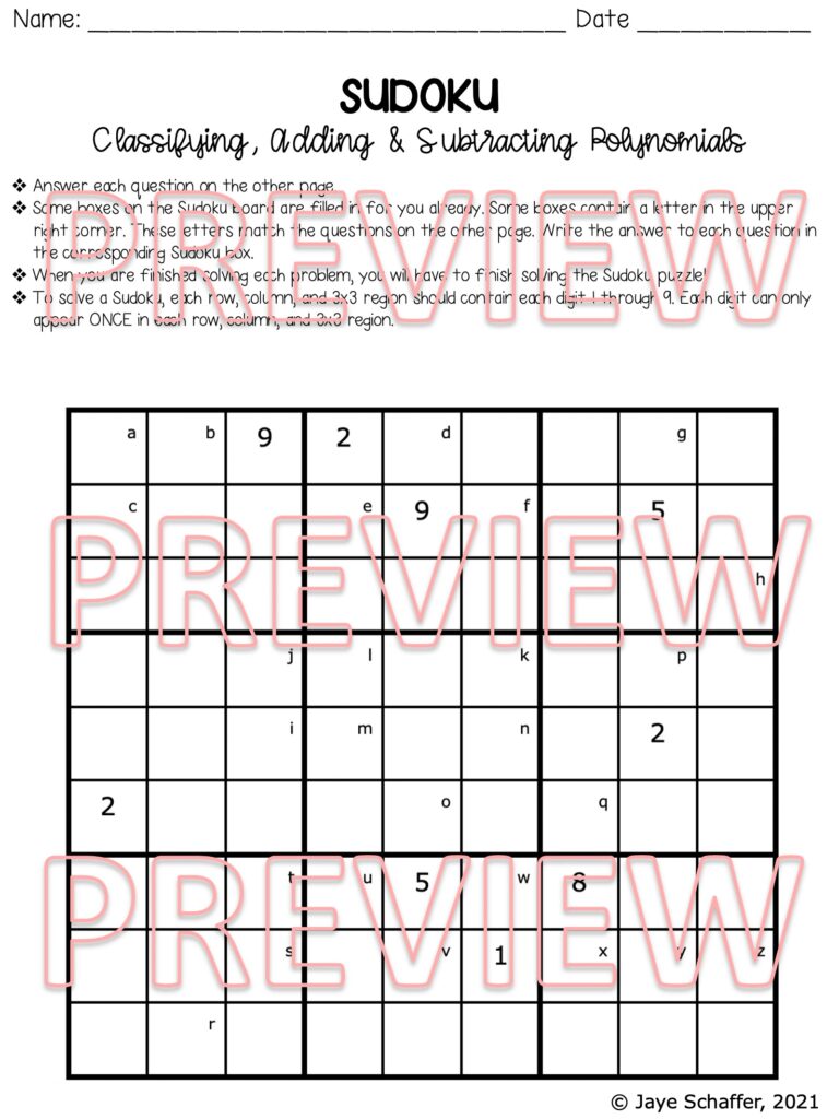 Classifying, Adding and Subtracting Polynomials Sudoku Puzzle | Made By Teachers