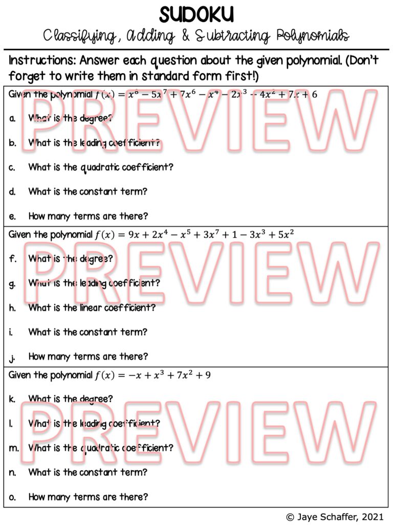Classifying, Adding and Subtracting Polynomials Sudoku Puzzle | Made By ...