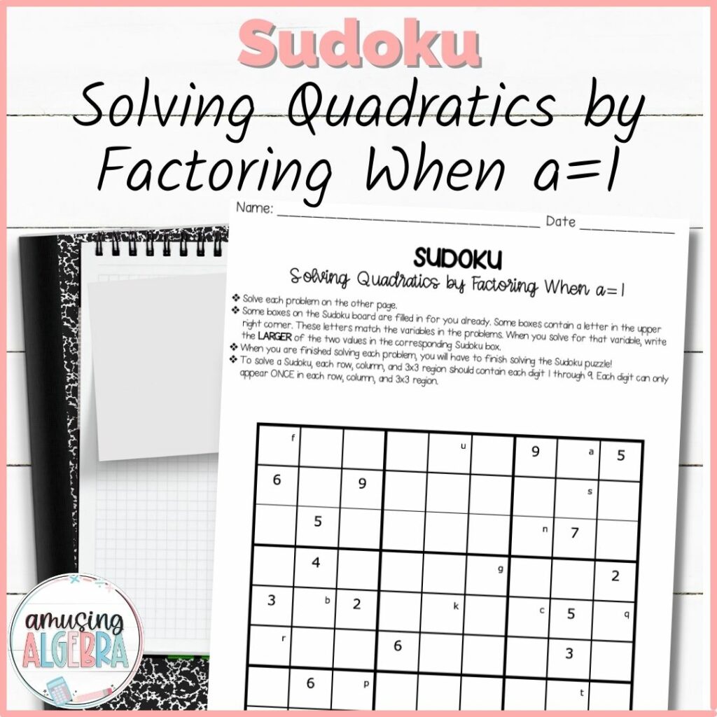 Solving Quadratics by Factoring when a=1 Sudoku Puzzle | Made By Teachers