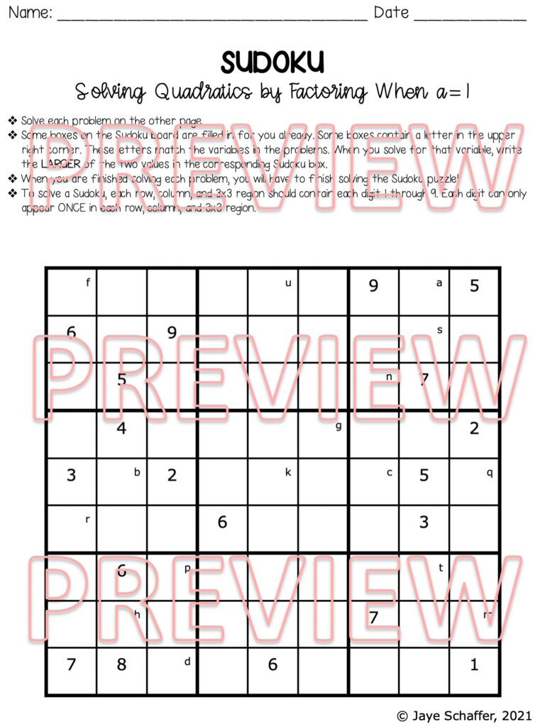 Solving Quadratics by Factoring when a=1 Sudoku Puzzle | Made By Teachers