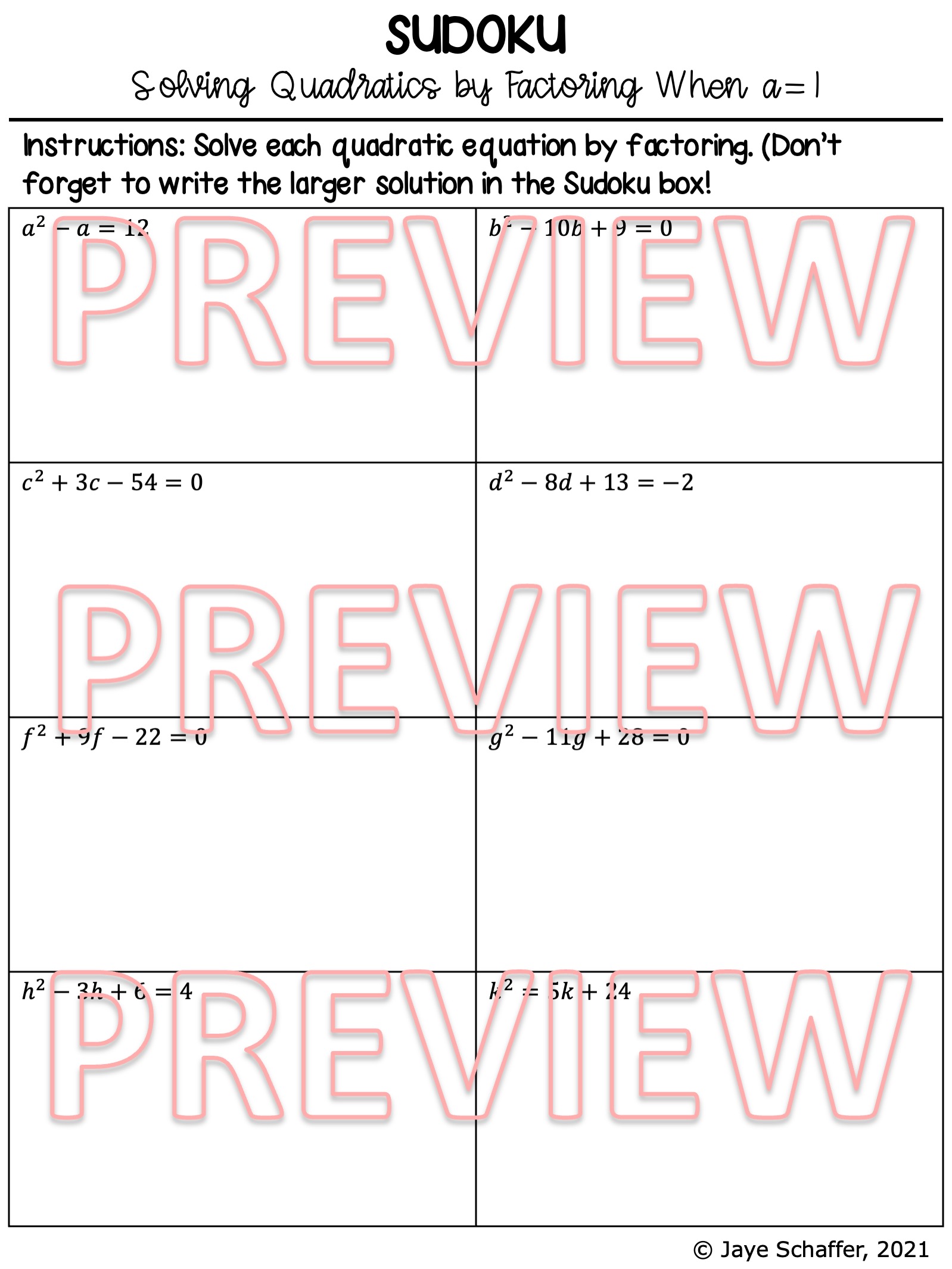 Solving Quadratics by Factoring when a=1 Sudoku Puzzle | Made By Teachers