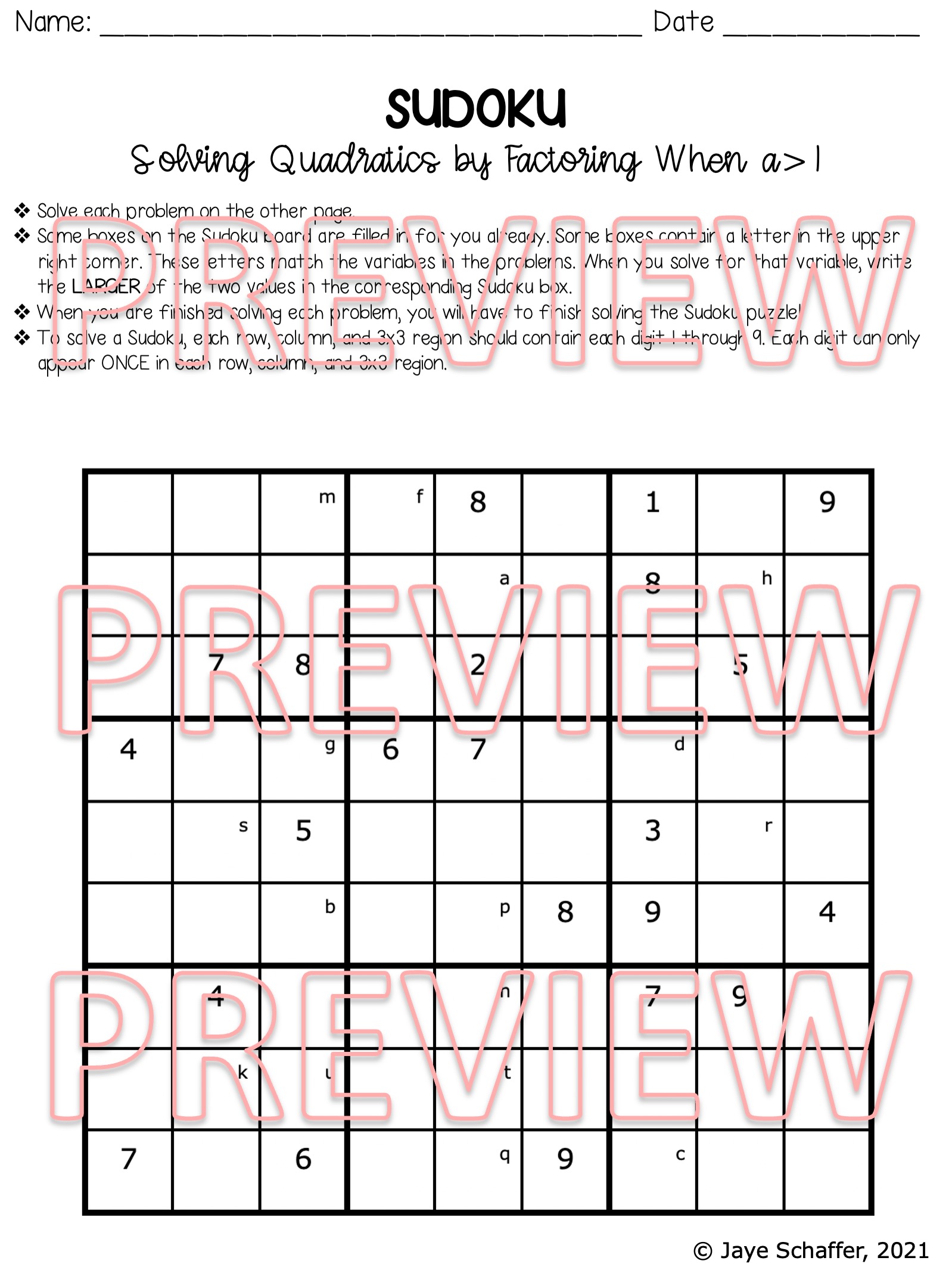 Solving Quadratics by Factoring when a>1 Sudoku Puzzle | Made By Teachers