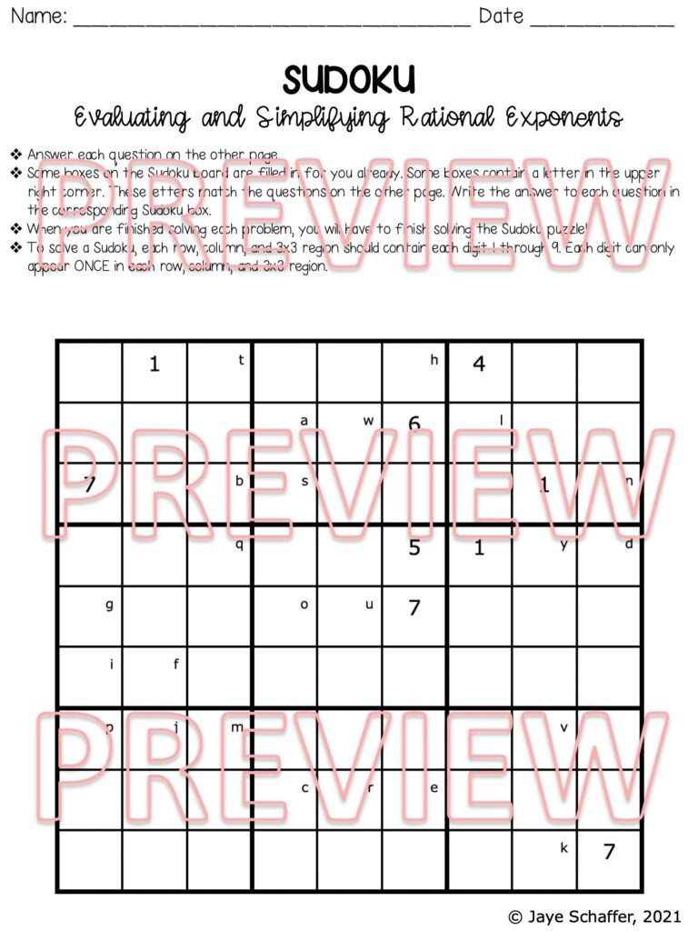 Evaluating and Simplifying Rational Exponents Sudoku Puzzle | Made By ...