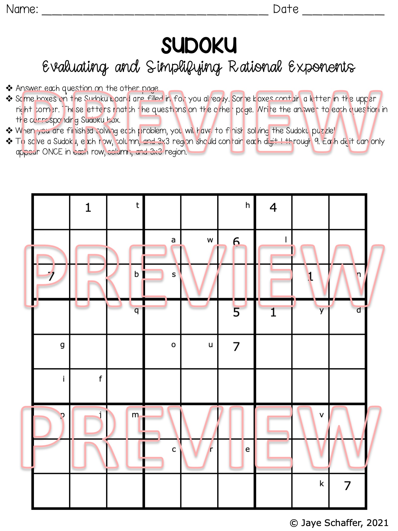 Evaluating and Simplifying Rational Exponents Sudoku Puzzle | Made By ...