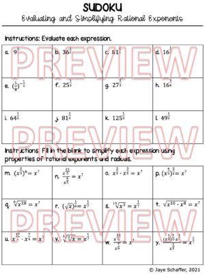 Evaluating and Simplifying Rational Exponents Sudoku Puzzle | Made By ...
