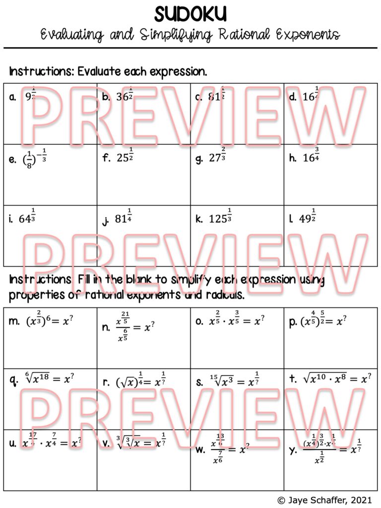 Evaluating and Simplifying Rational Exponents Sudoku Puzzle | Made By ...