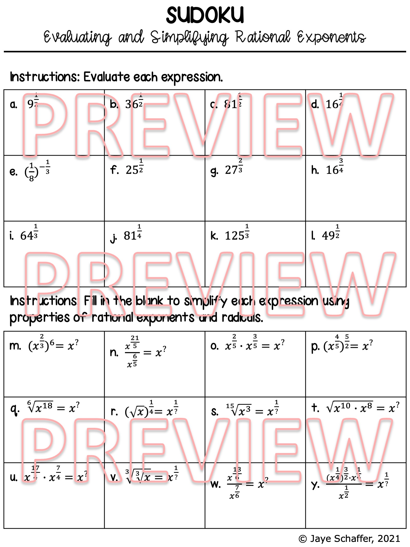 Evaluating and Simplifying Rational Exponents Sudoku Puzzle | Made By ...
