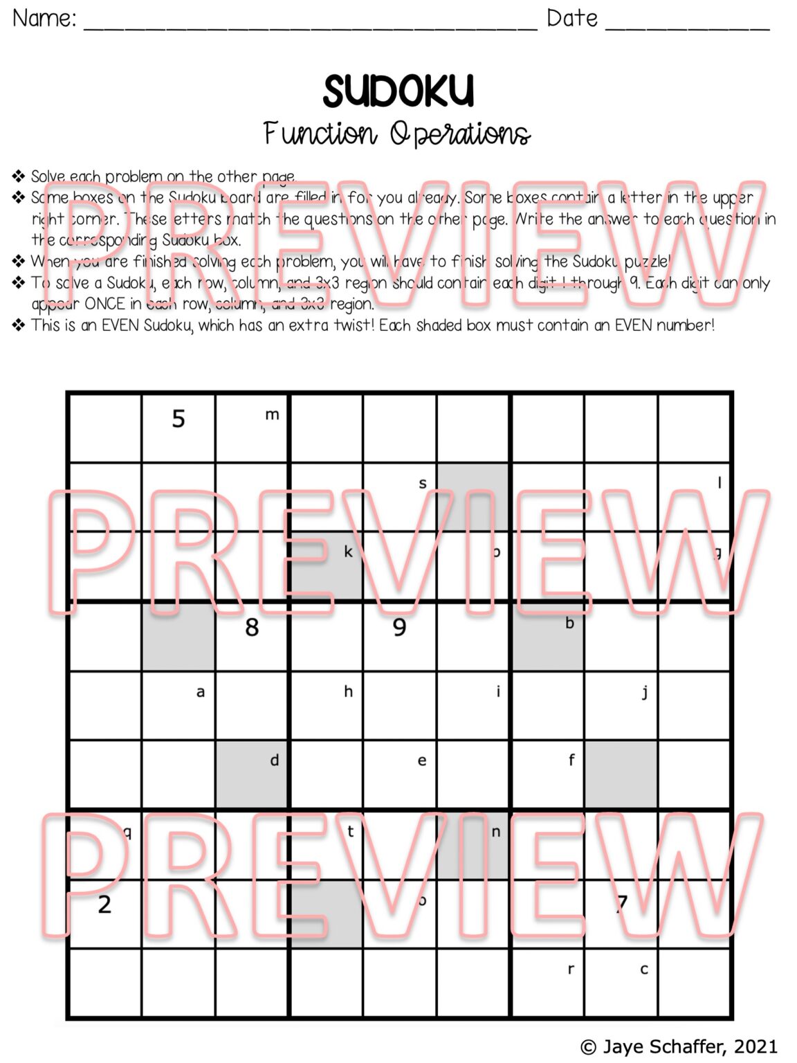 Function Operations and Compositions Even Sudoku Puzzle | Made By Teachers