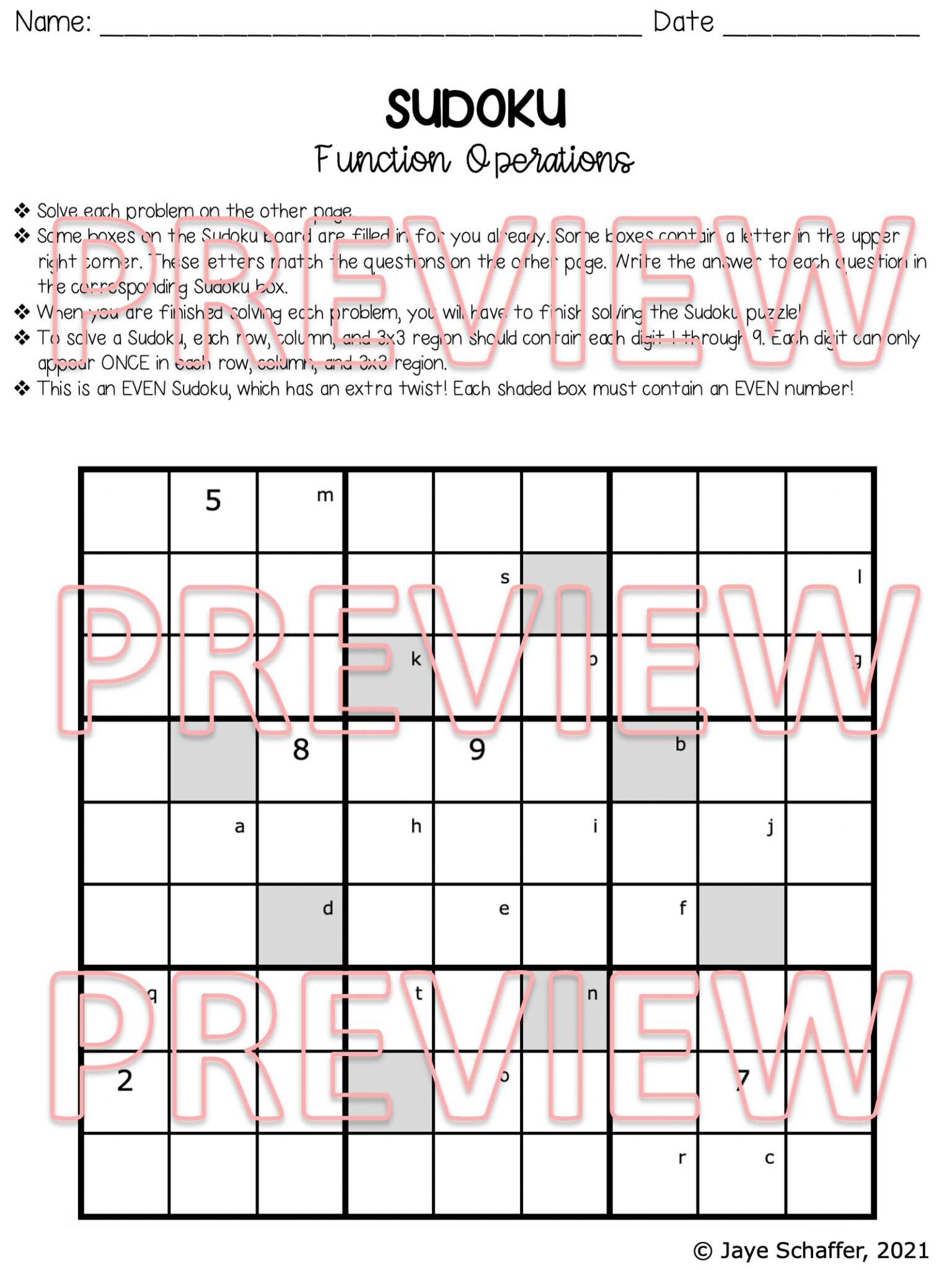 Function Operations and Compositions Even Sudoku Puzzle | Made By Teachers