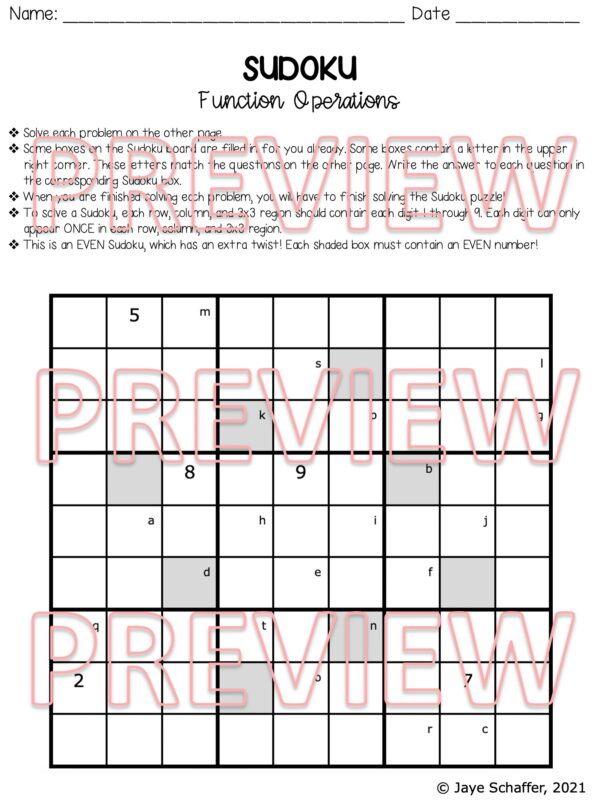 Function Operations and Compositions Even Sudoku Puzzle | Made By Teachers