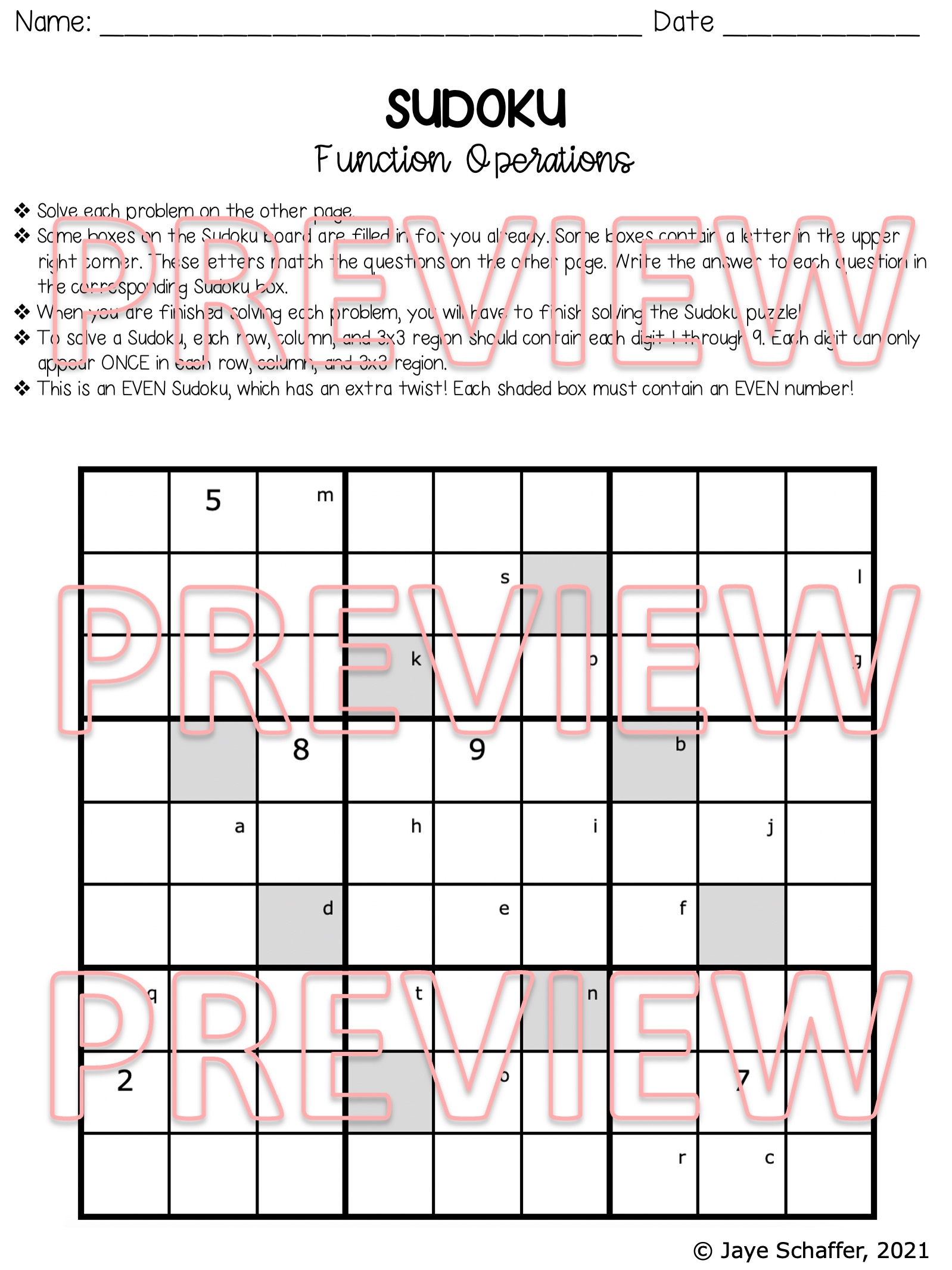 Function Operations and Compositions Even Sudoku Puzzle | Made By Teachers