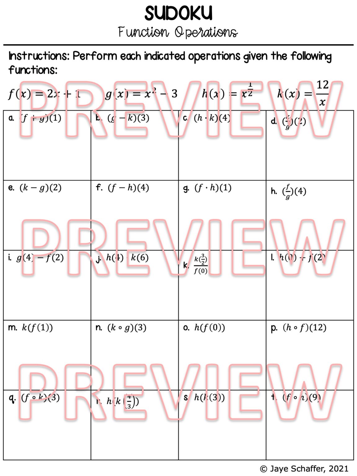 Function Operations and Compositions Even Sudoku Puzzle | Made By Teachers