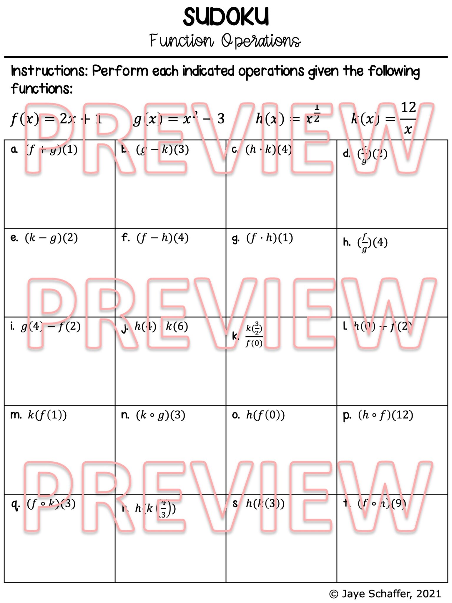 Function Operations and Compositions Even Sudoku Puzzle | Made By Teachers