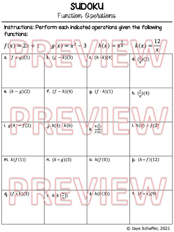 Function Operations and Compositions Even Sudoku Puzzle | Made By Teachers