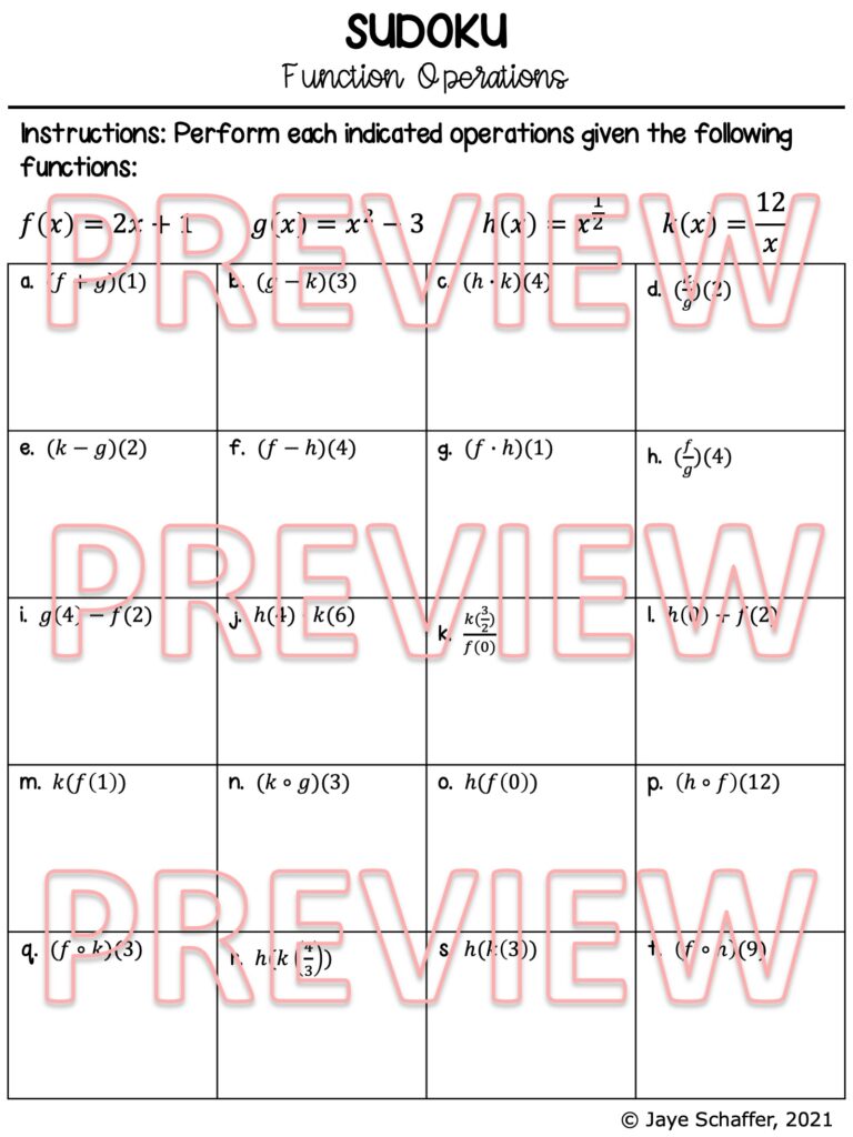 Function Operations and Compositions Even Sudoku Puzzle | Made By Teachers