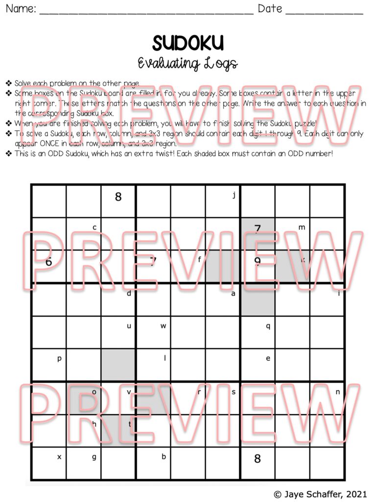 Evaluating Logarithms Odd Sudoku Puzzle | Made By Teachers