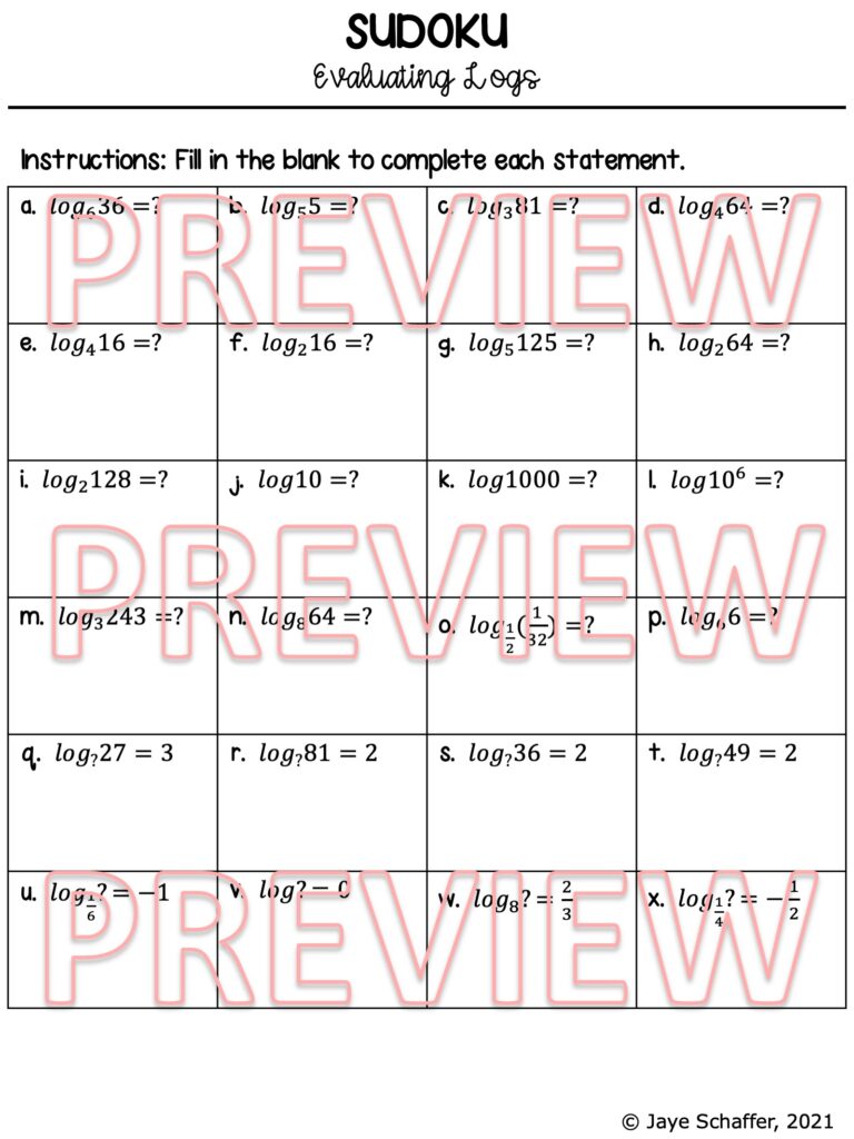 Evaluating Logarithms Odd Sudoku Puzzle | Made By Teachers
