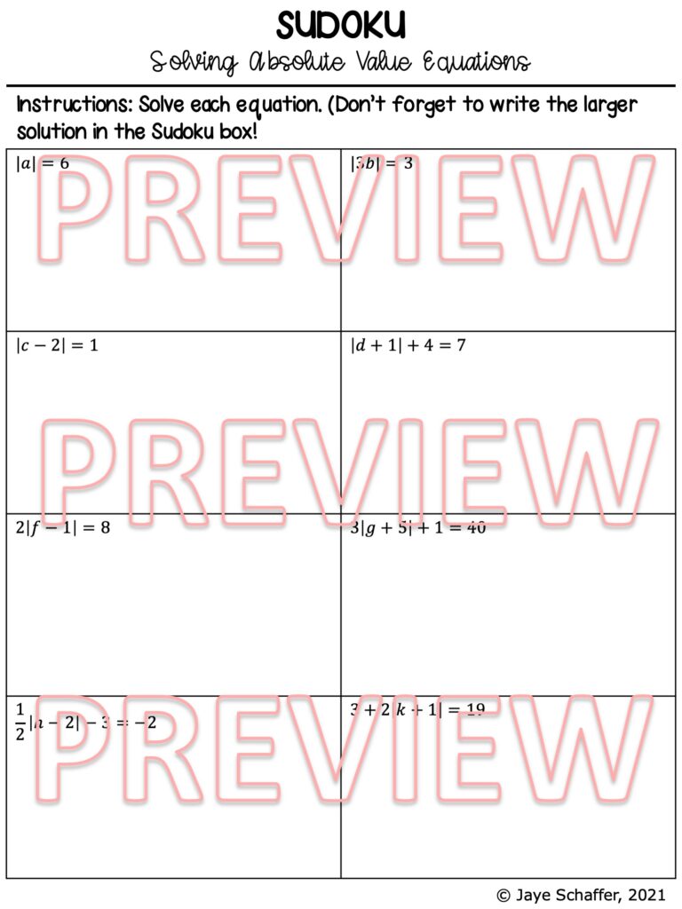 Solving Absolute Value Equations Sudoku Puzzle | Made By Teachers