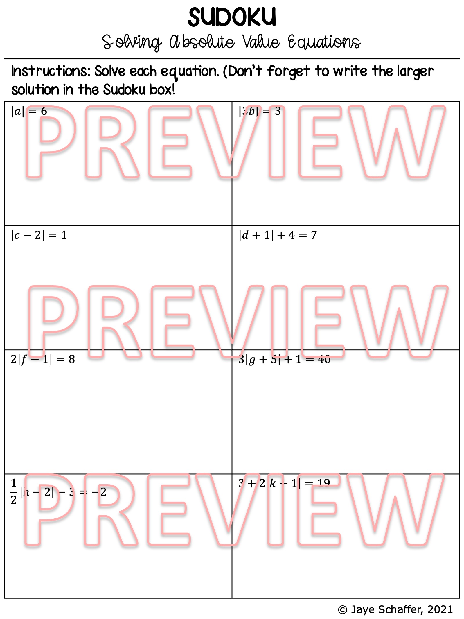 Solving Absolute Value Equations Sudoku Puzzle | Made By Teachers