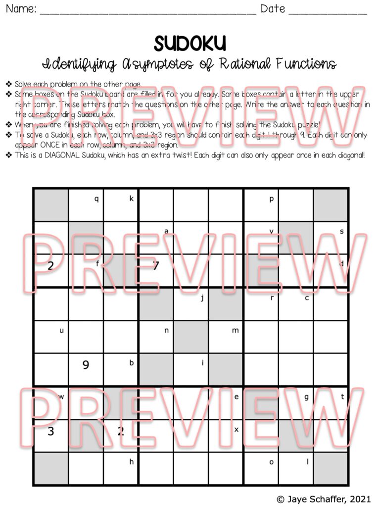 Identifying Asymptotes of Rational Functions Diagonal Sudoku Puzzle ...