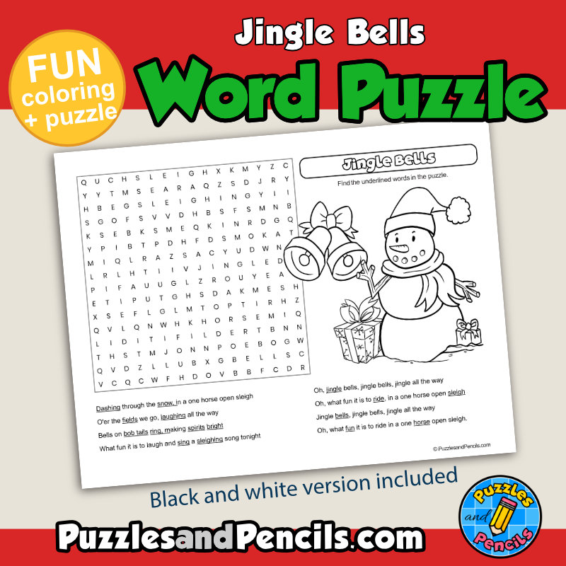 Jingle Bells Word Search Puzzle Activity Page with Coloring | Christmas ...