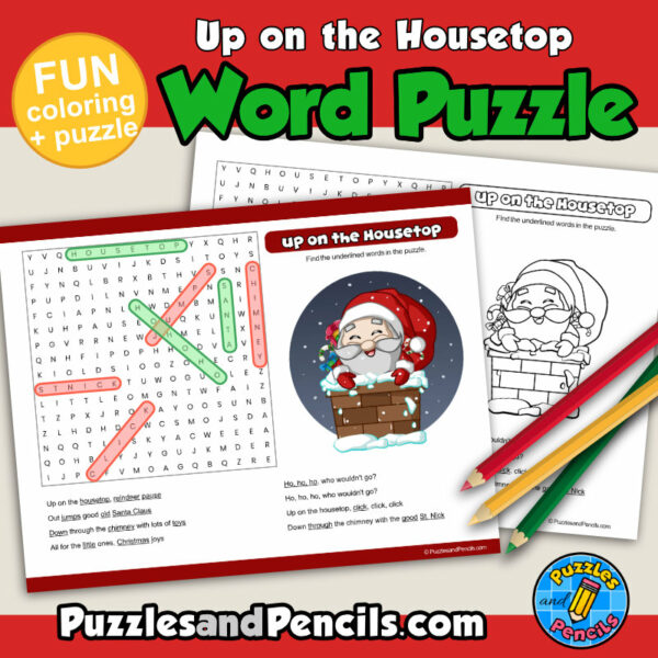 Up on the Housetop Word Search Puzzle Activity Page with Coloring ...
