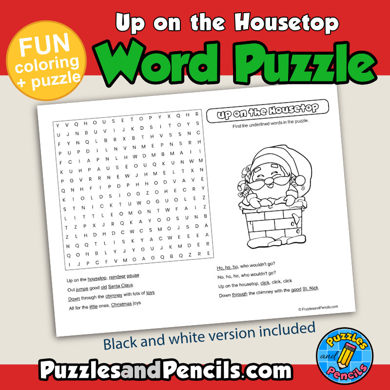 Up on the Housetop Word Search Puzzle Activity Page with Coloring ...