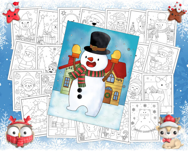 Christmas Coloring Page Winter Night, Christmas Tree and Snowman ...