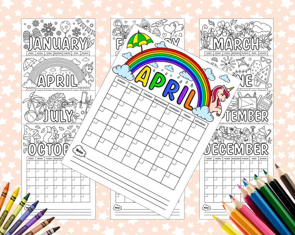 12 Month Coloring Calendar for Kids, PDF Cute Coloring Calendar | Made ...