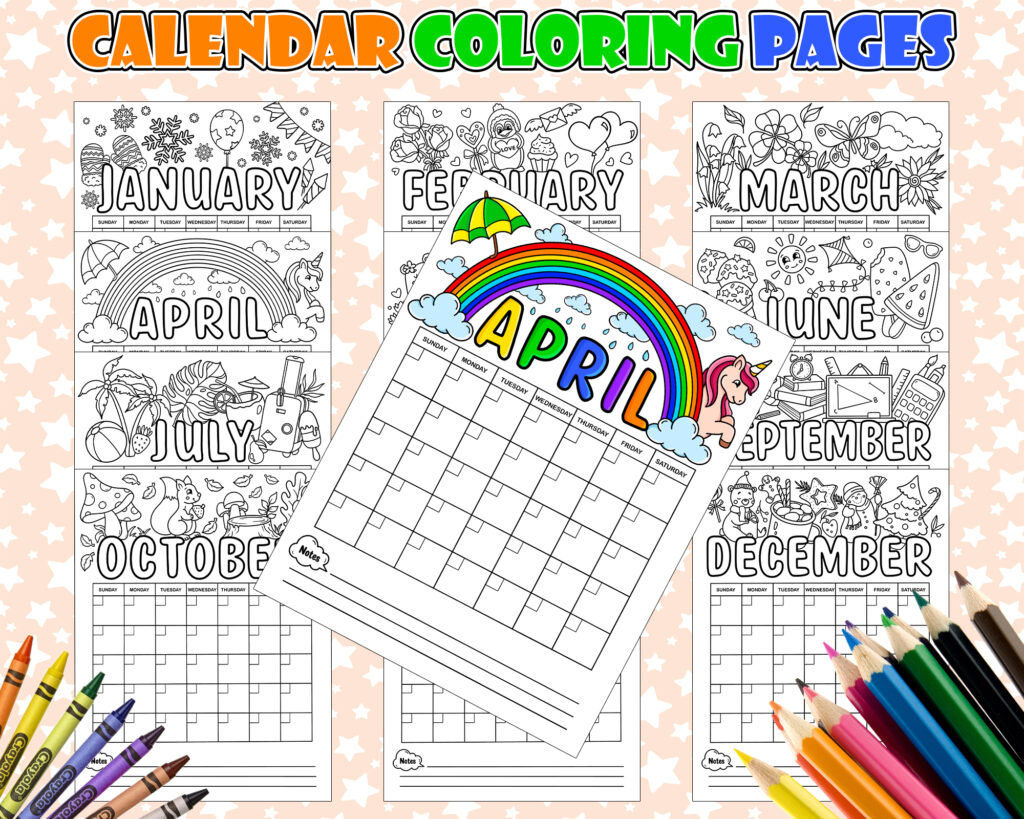 12 Month Coloring Calendar for Kids, PDF Cute Coloring Calendar | Made ...